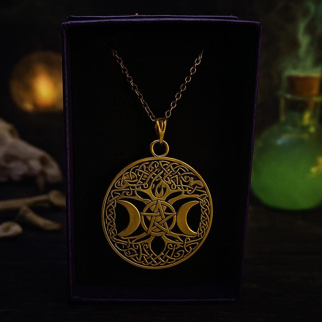 Triple Moon Goddess Tree of Life Pentacle Necklace - Etsy