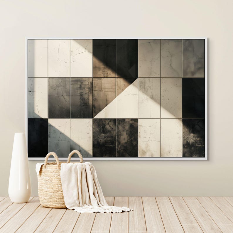Modern Geometric Canvas – Black and White Abstract Wall Art With Light ...