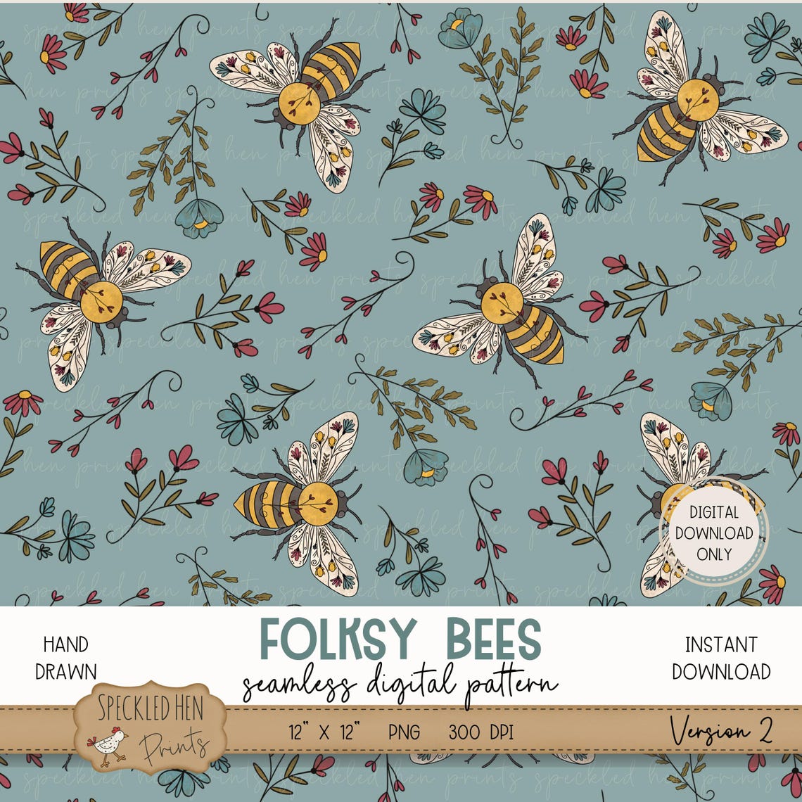 Folk Art Bees Seamless Pattern File, 300 DPI PNG, Digital Scrapbook ...