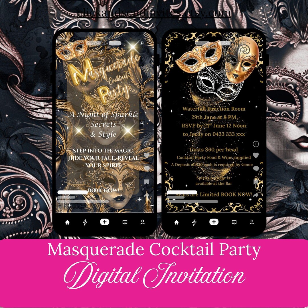 Masquerade Cocktail Party Invitation: Elegant Costume Ball Digital ...