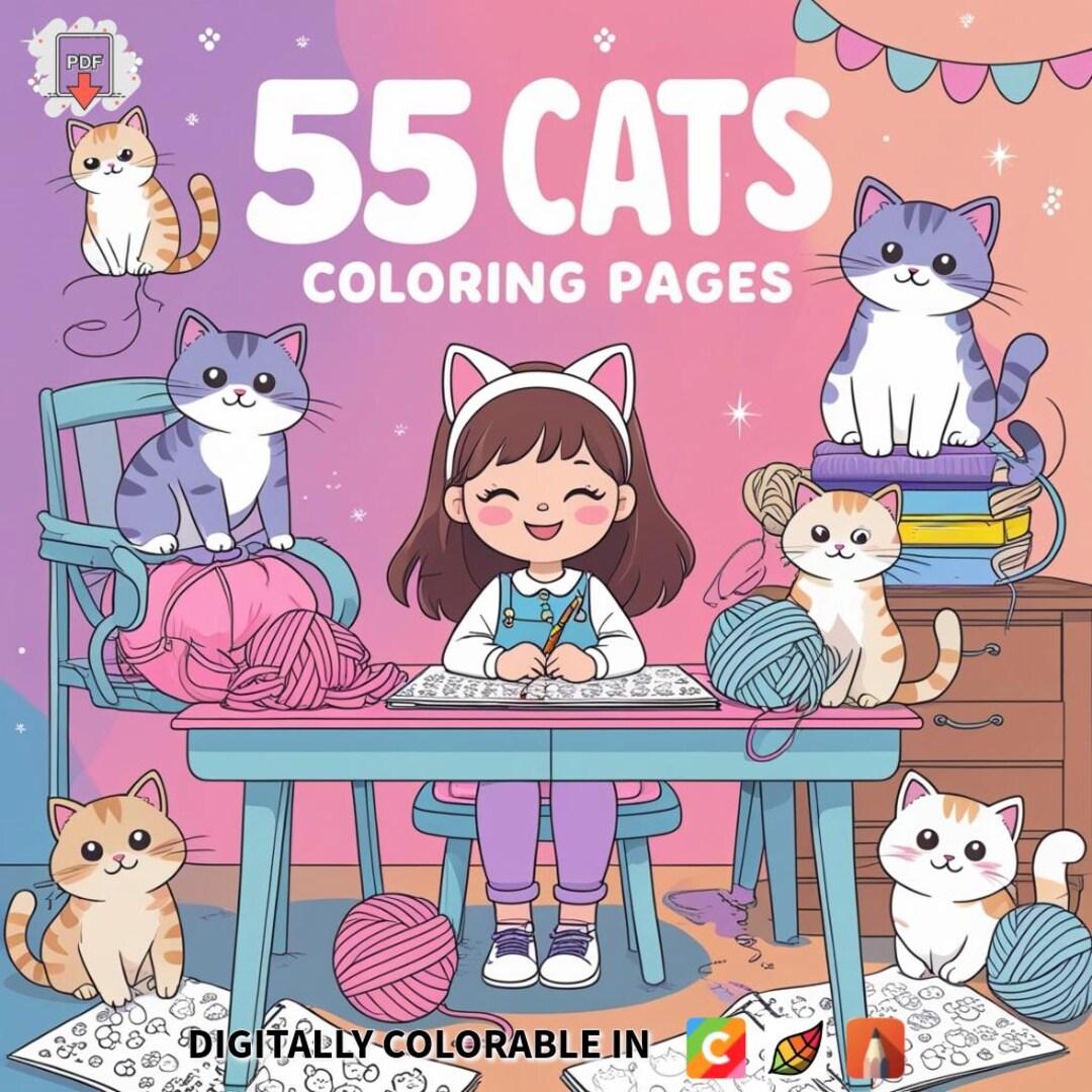 Cute Cats Coloring Book PDF – 55+ Printable Pages for Kids & Adults ...