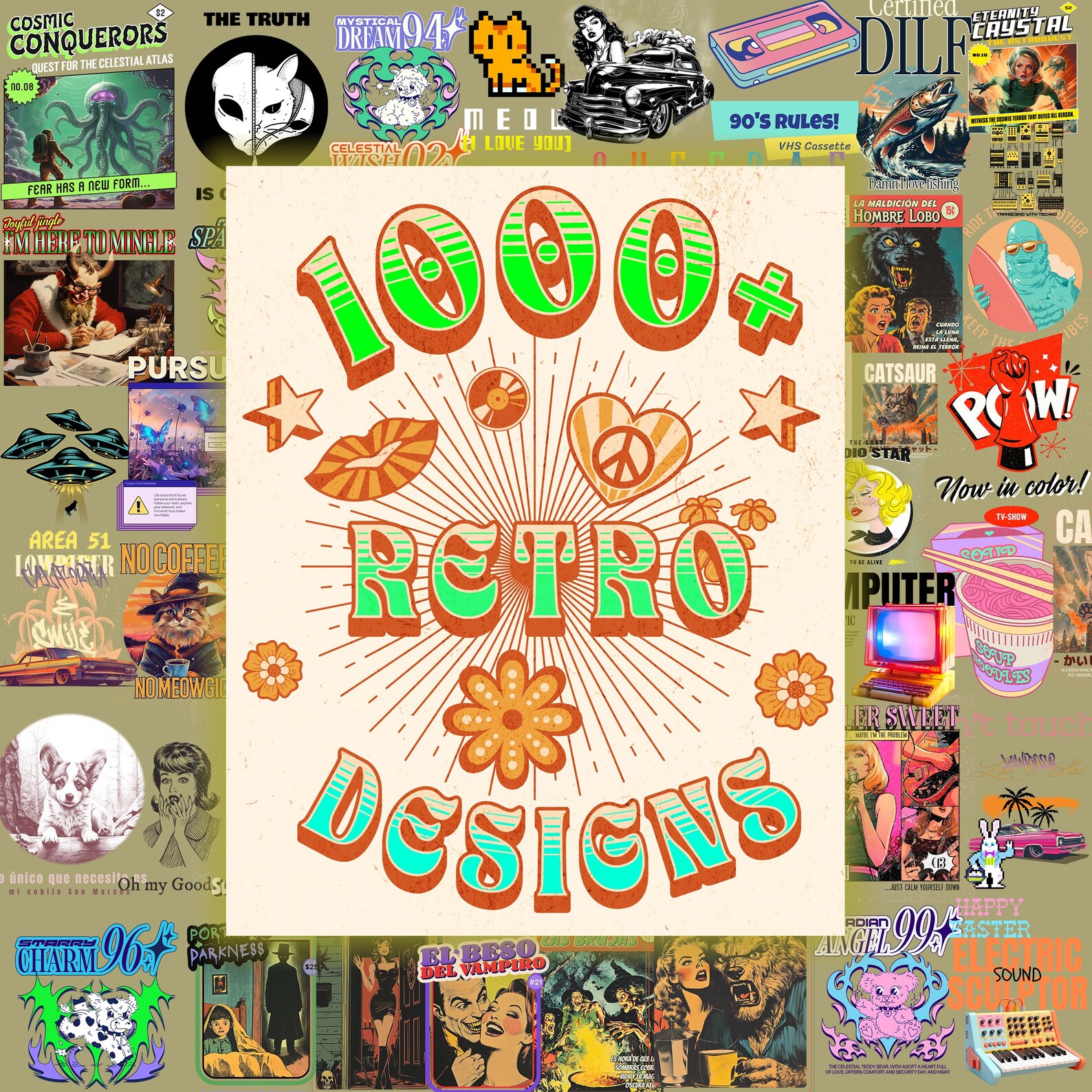 1000+ Retro T-shirt Designs: 90s PNG Graphics Bundle (digital Download ...
