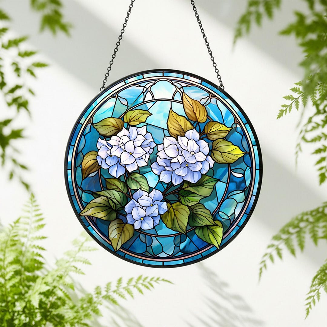 Blue Hydrangea Stained Glass Suncatcher, Romantic Window Hanging Decor ...
