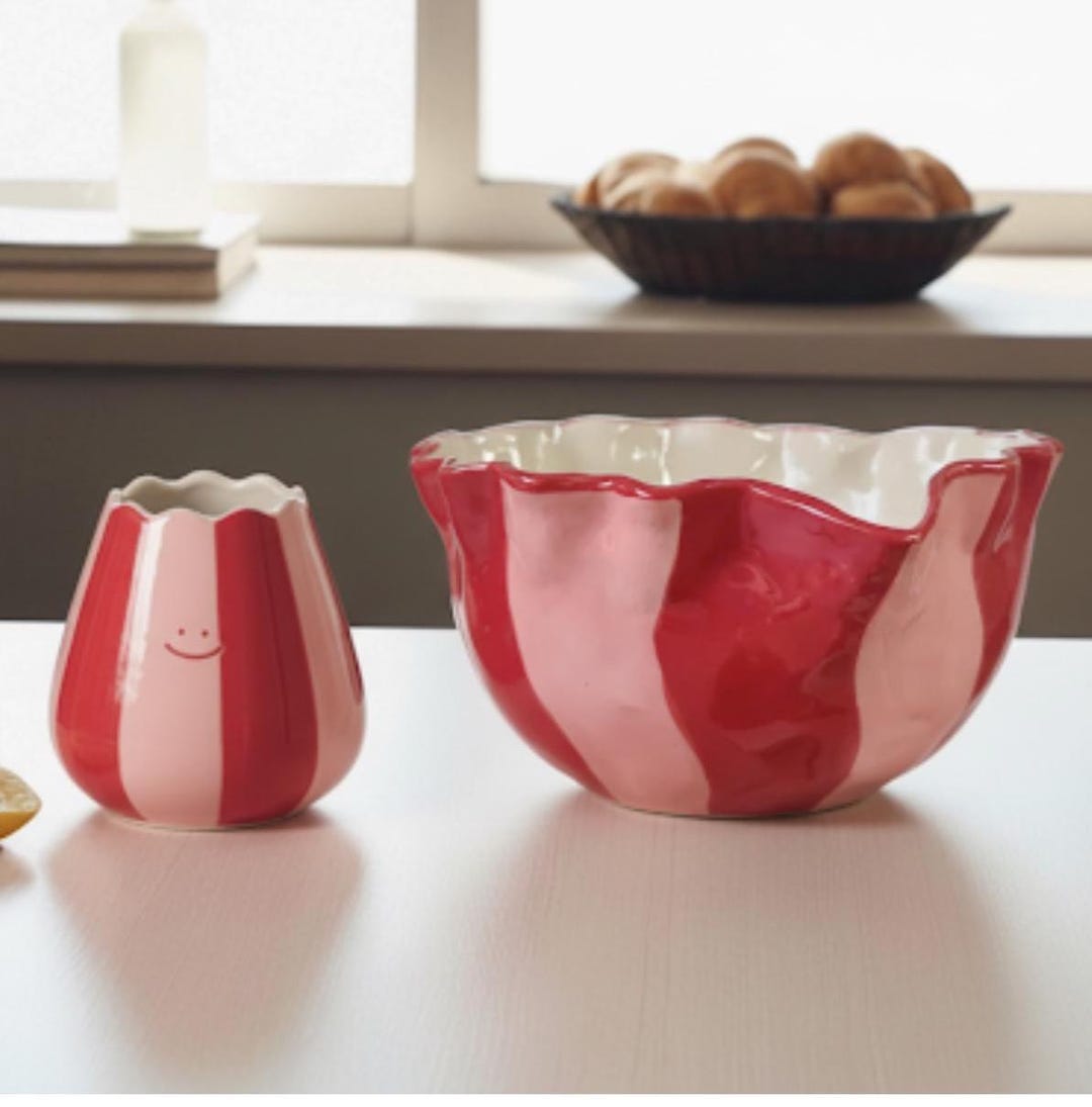 Red Stripe Pottery Matcha Chawan - Handmade Ceramic Bowl – With Wavy ...