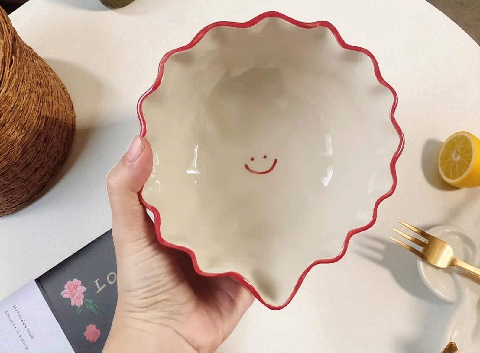 Red Stripe Pottery Matcha Chawan - Handmade Ceramic Bowl – With Wavy ...