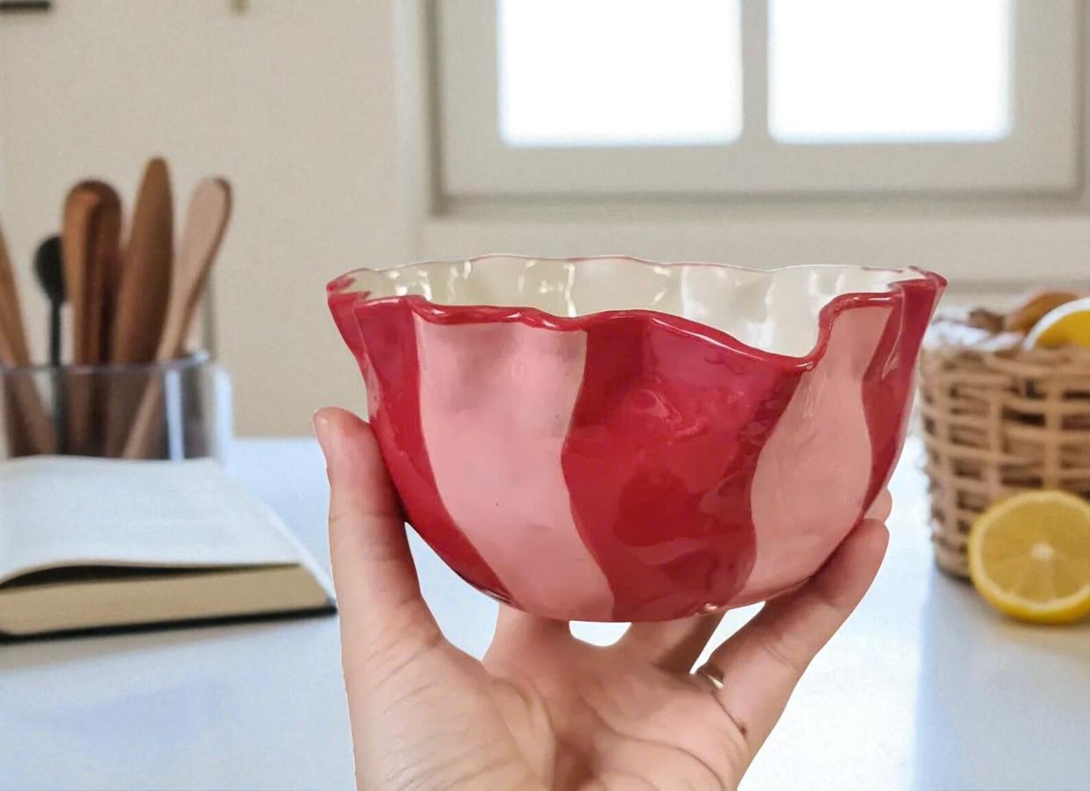 Red Stripe Pottery Matcha Chawan - Handmade Ceramic Bowl – With Wavy ...