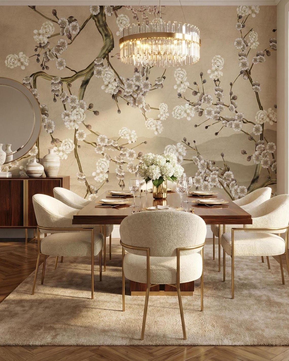 Beige Chinoiserie Cherry Blossom Mural, Japandi Style, Peel and Stick ...