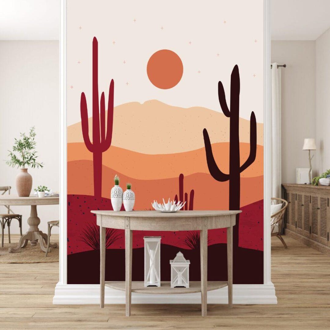 Minimalist Desert Sunset Mural | Terracotta Cactus Landscape Wallpaper ...