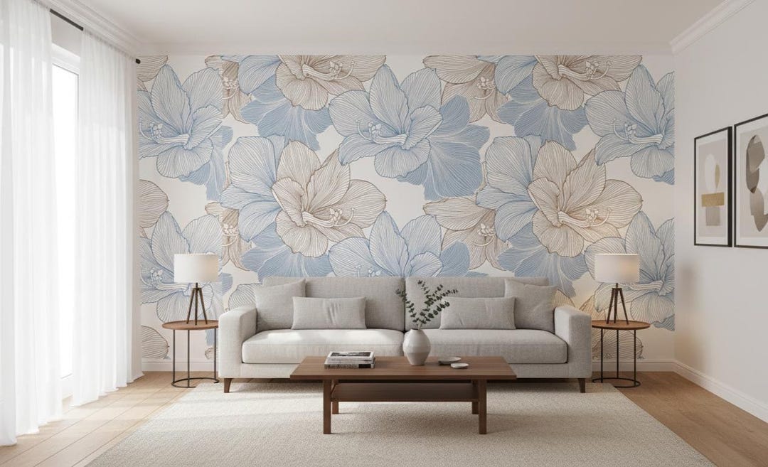 Blue Floral Wall Mural: Serene Line Art, Large Scale Flower Print - Etsy