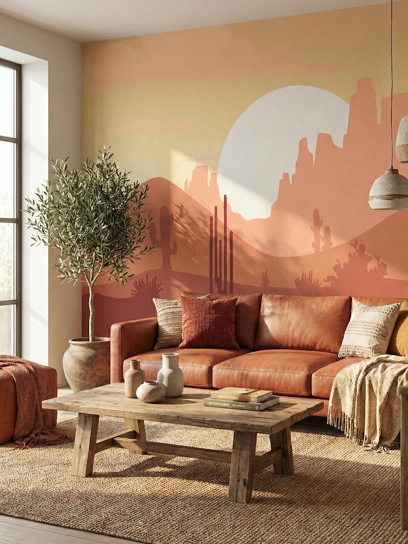 Boho Desert Sun, Terracotta Landscape Mural, Peel and Stick Nursery ...