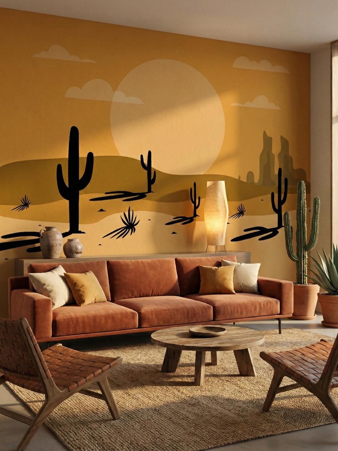 Boho Desert Sun Mural, Peel and Stick, Earth Tone Cactus Wall Art ...