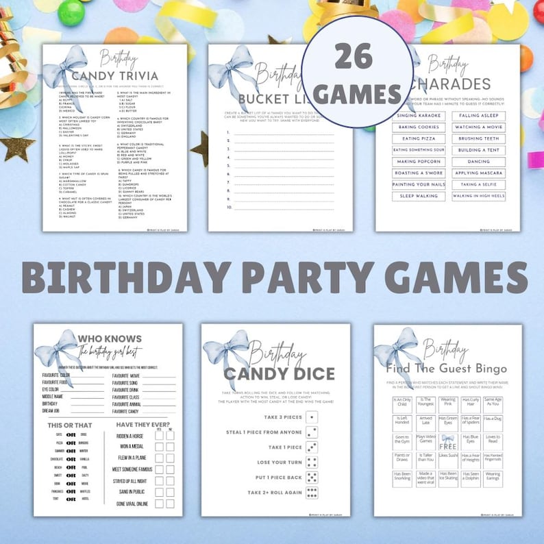 26 Game Tween and Teen Birthday Party Games Printable Bundle, Blue Bow ...