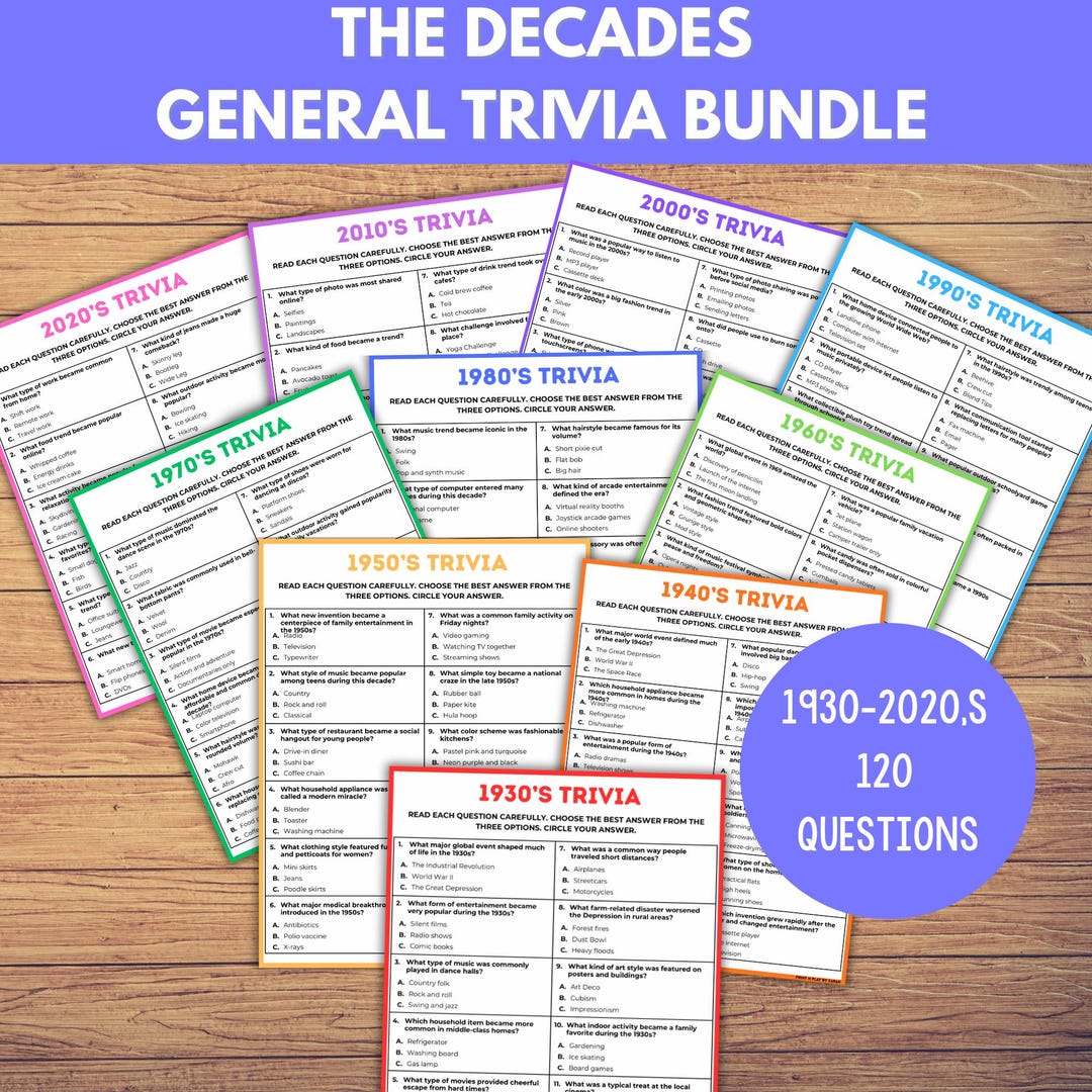 Printable Decades Trivia Game Bundle • 1930s–2020s • 120 Questions ...