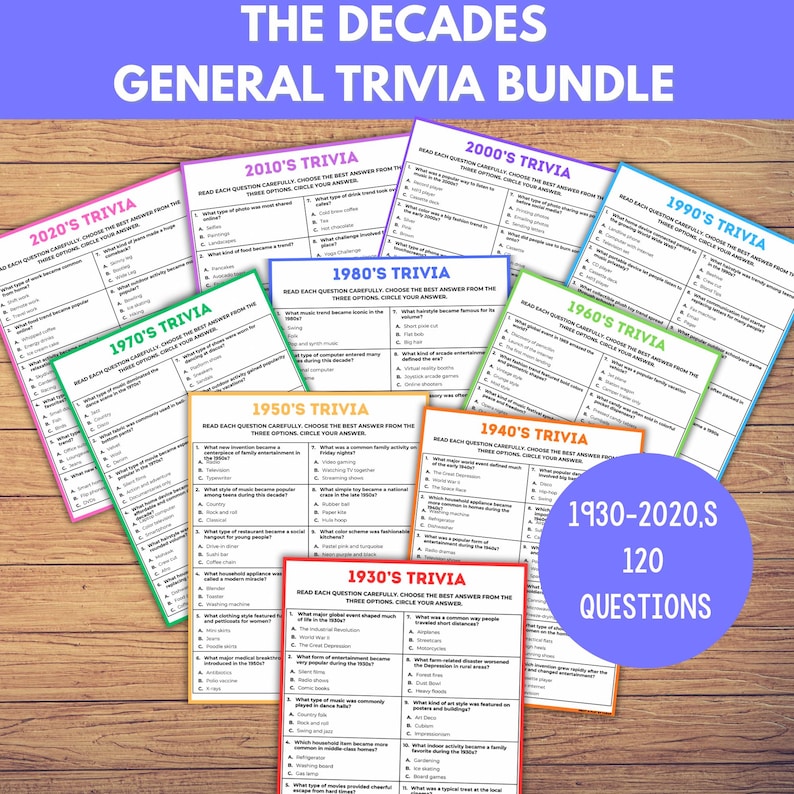 Printable Decades Trivia Game Bundle • 1930s–2020s • 120 Questions ...