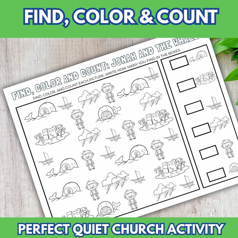 Jonah and the Whale Activity Pages, Bible Story, Find and Color, Sunday ...