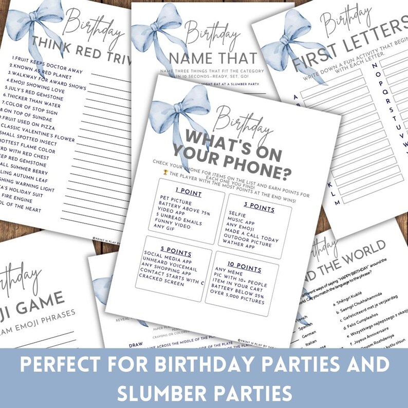 26 Game Tween and Teen Birthday Party Games Printable Bundle, Blue Bow ...