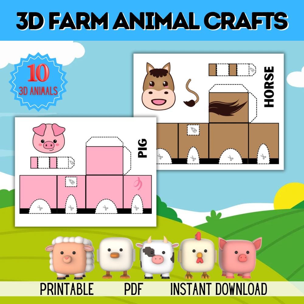 One Page Craft Cut and Paste Farm Animals, 10 3D Farm Animals Cut and ...