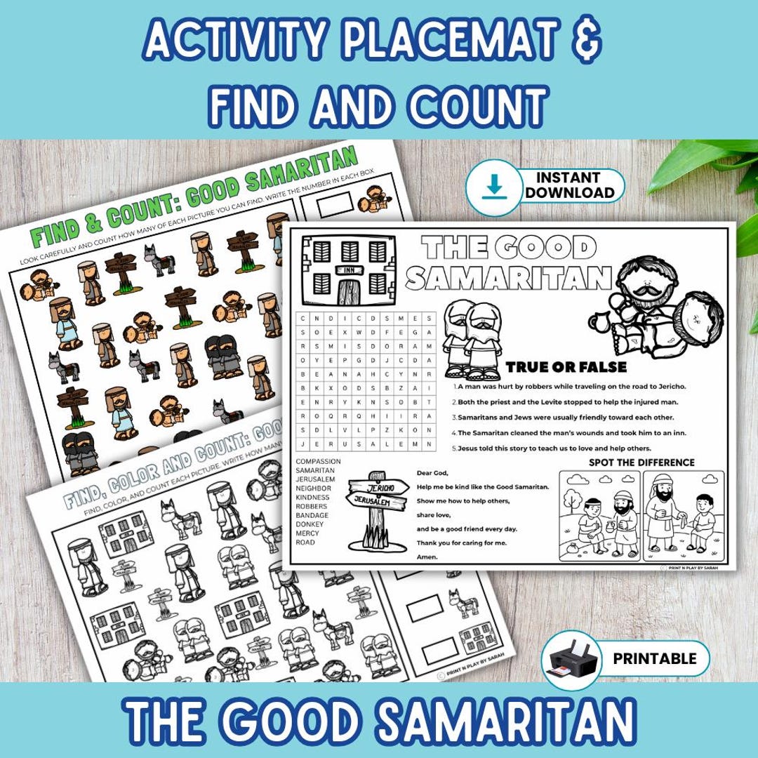 The Good Samaritan Activity Placemat + Find and Count Sheet | Bible ...