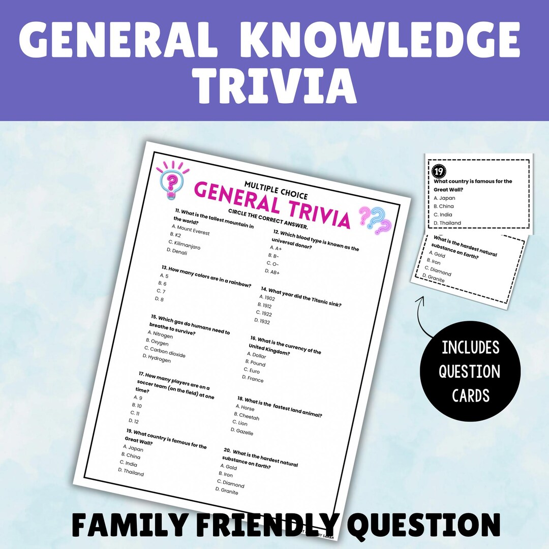 General Knowledge Trivia, Printable Trivia Game, Digital Download for ...