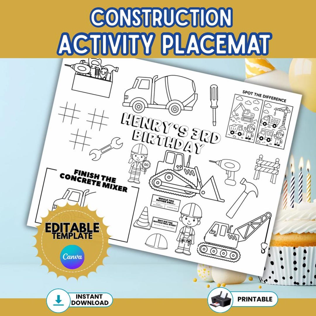 Construction Birthday Activity Placemat | Editable Text | Kids Party ...