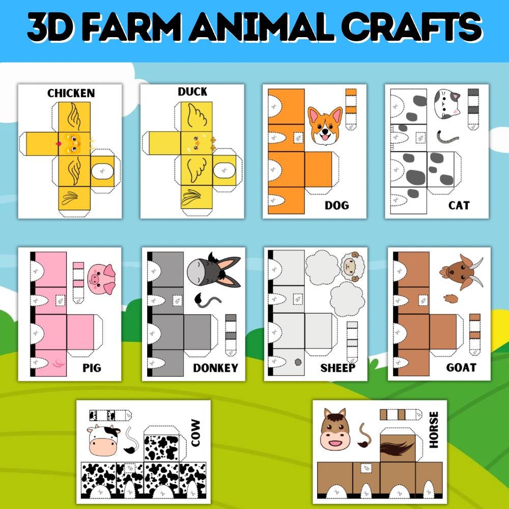 One Page Craft Cut and Paste Farm Animals, 10 3D Farm Animals Cut and ...