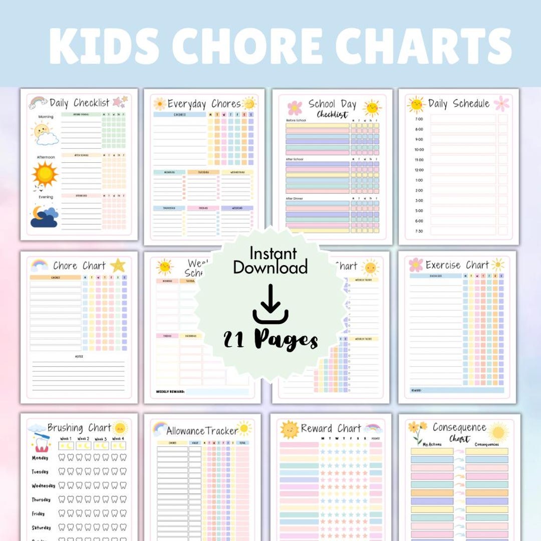 Kids Chore Chart Bundle - 21 Printable Routine Charts | Daily & Weekly ...
