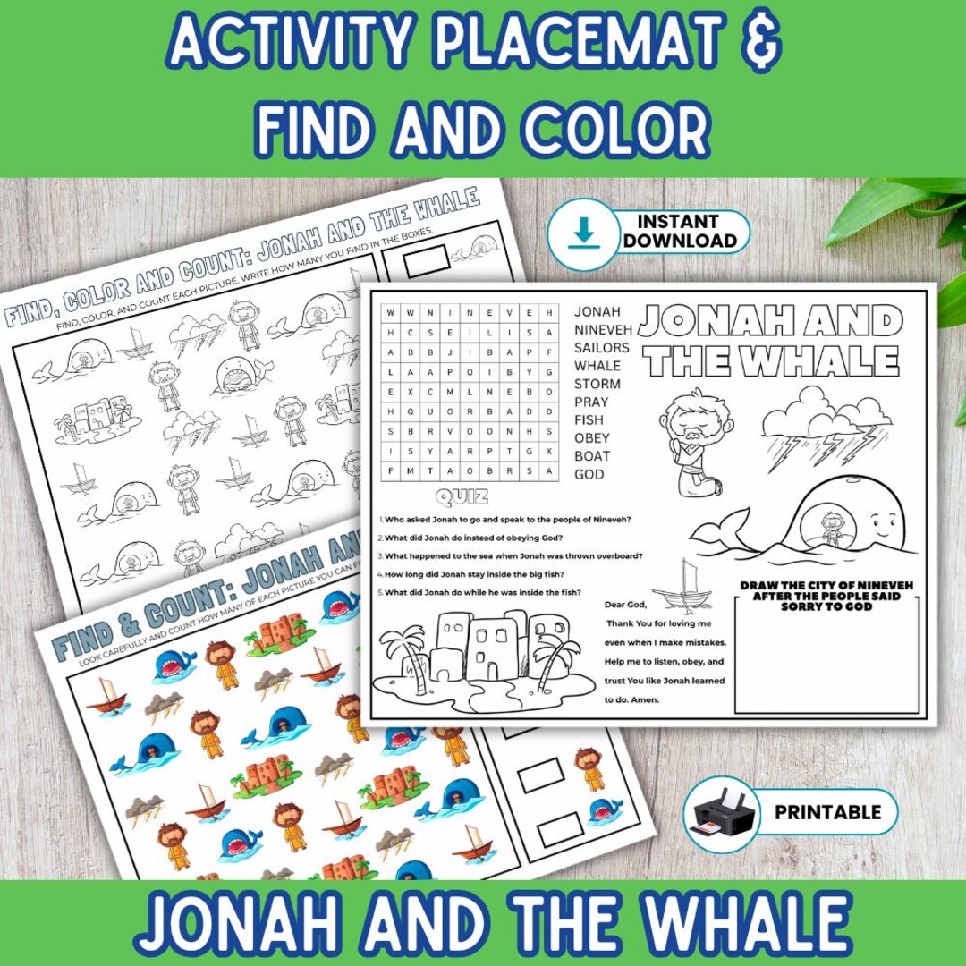 Jonah and the Whale Activity Pages, Bible Story, Find and Color, Sunday ...