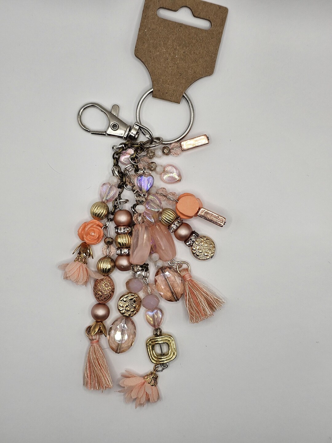 Coral Pink Beaded Keychain With Tassels & Charms | Handmade Purse Charm ...