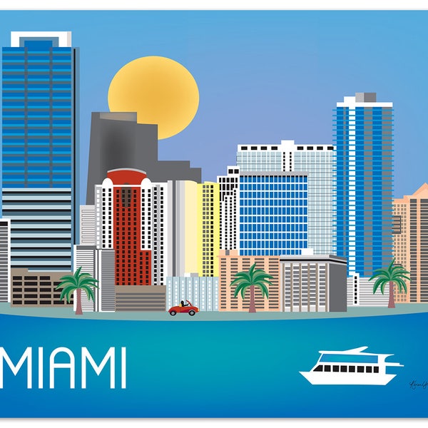 Miami Skyline Art Print, Miami Map, Florida State Art, Miami Horizontal ...