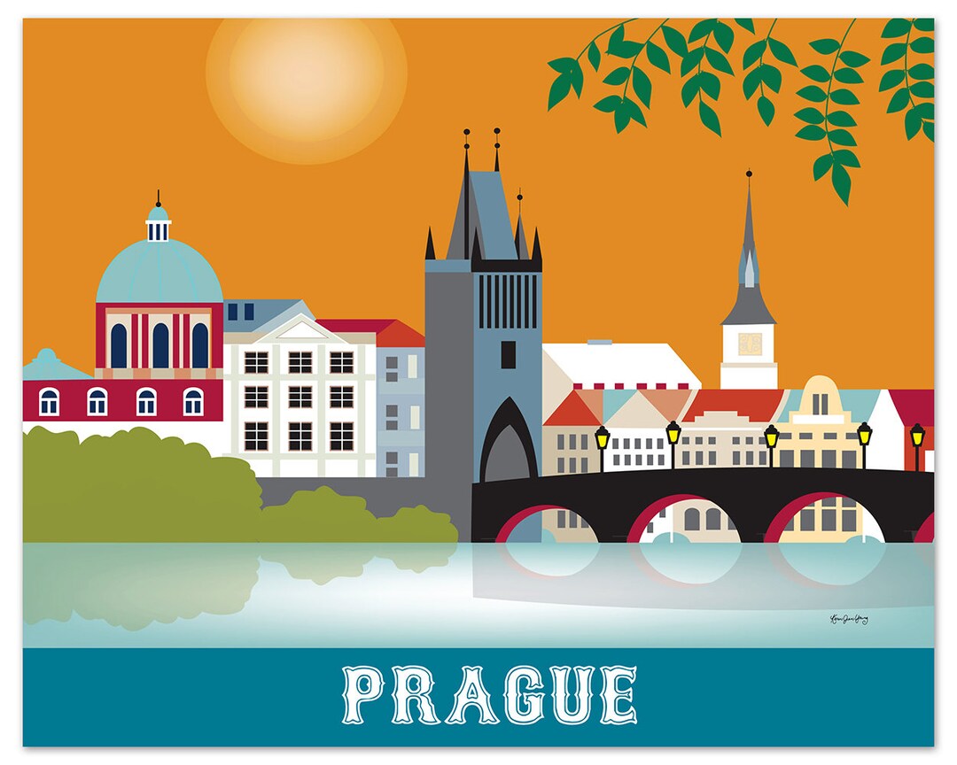 Prague Skyline Print, Prague Art, Czech Republic Wall Art, Retro Prague ...