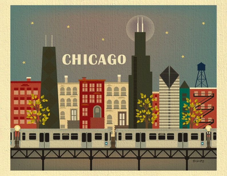 Chicago Skyline Art Print Chicago Wall Art Chicago Retro | Etsy