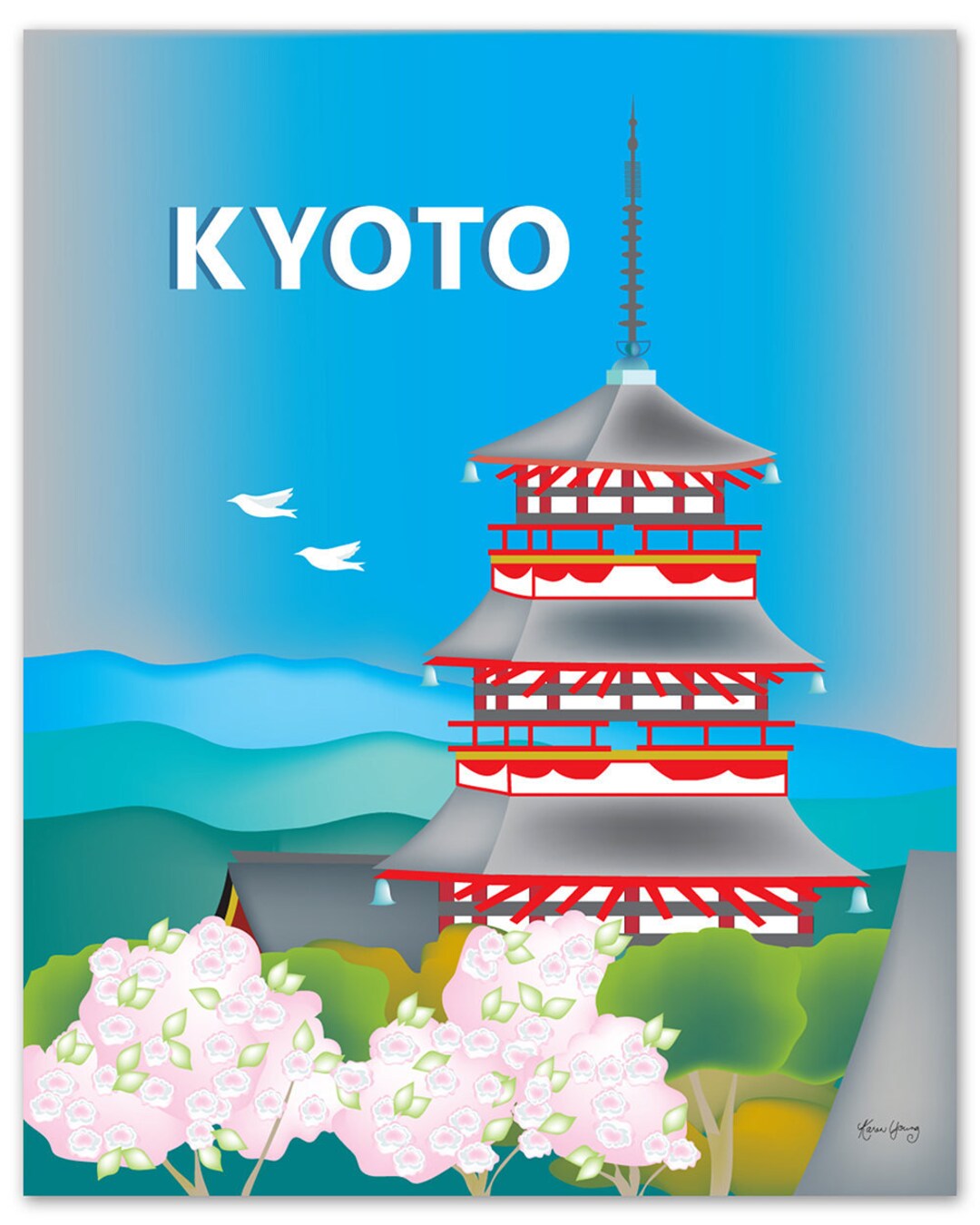 Kyoto Vertical Print, Koyto Skyline Poster, Retro Japan Travel Art ...
