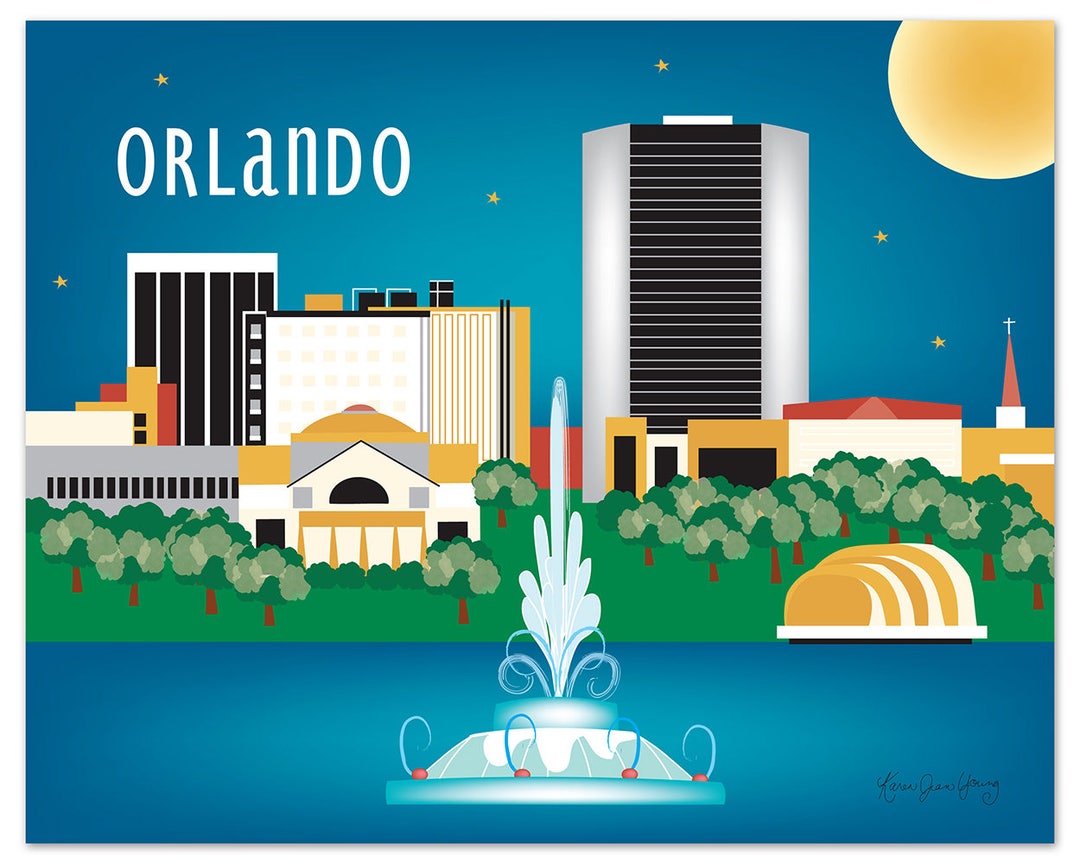Orlando, Florida Print, Orlando Skyline, Florida Travel Art Print, Blue ...
