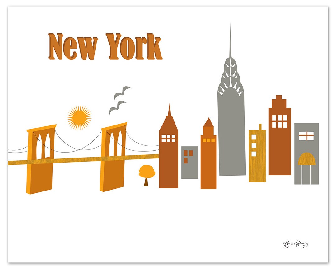 New York City Skyline Print, NYC Wall Art Map, Brooklyn Bridge Print ...