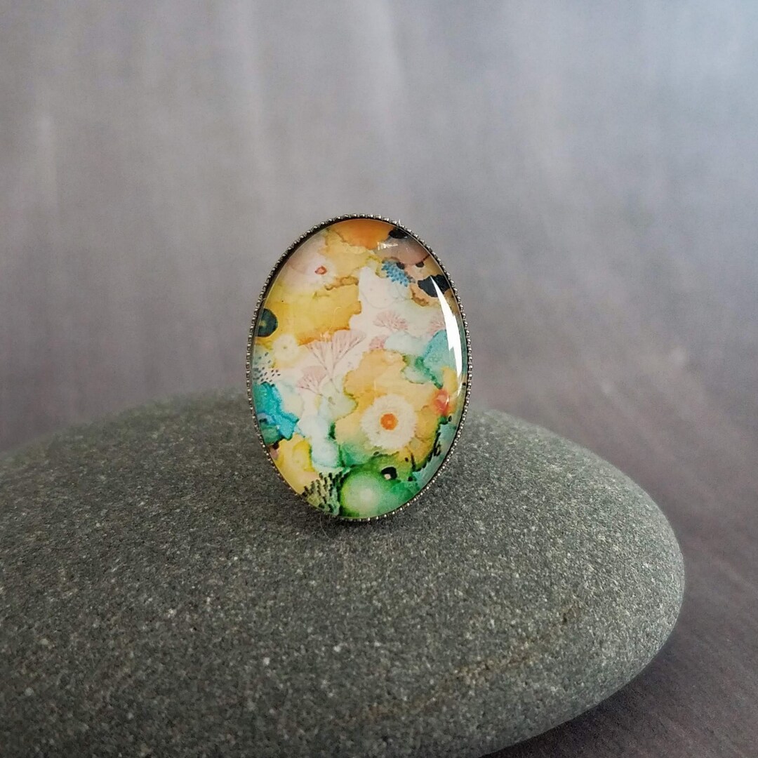 Large Stainless Steel Ring Oval Floral Ring Colorful Ring - Etsy