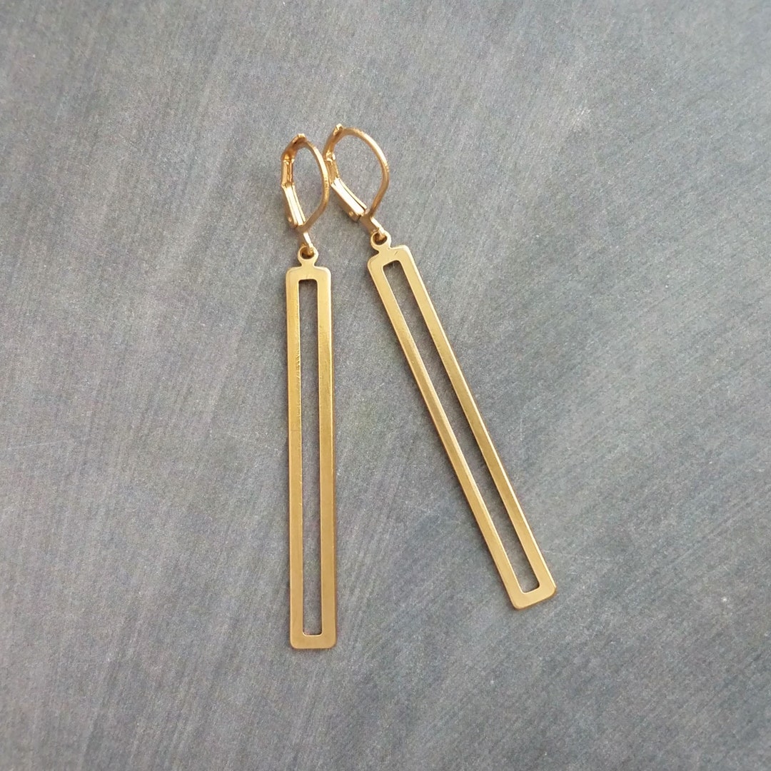 Long Narrow Rectangle Earrings, Simple Flat Gold Bar Earring, Gold Open ...