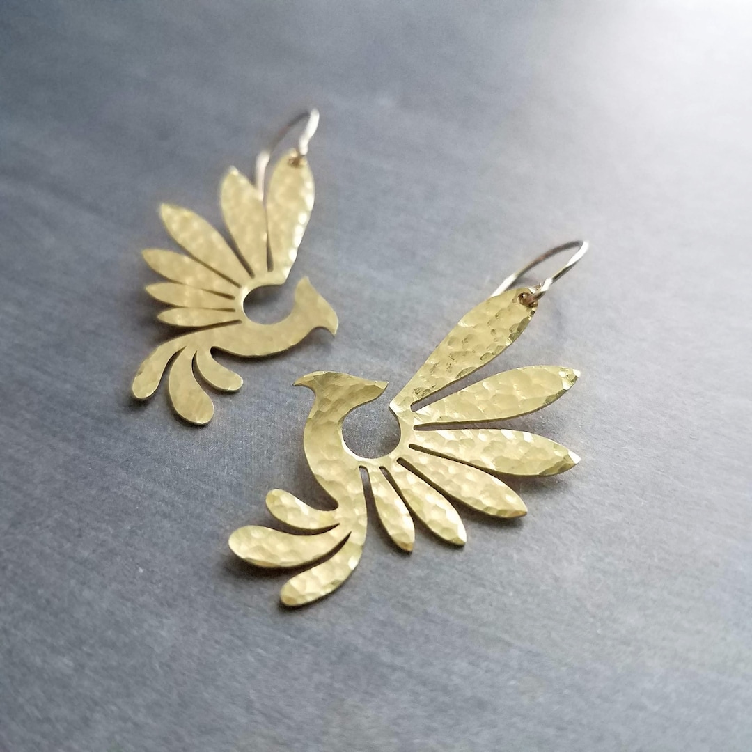 Gold Phoenix Earrings, Hammered Brass, Textured Bird Earrings, Mythical ...