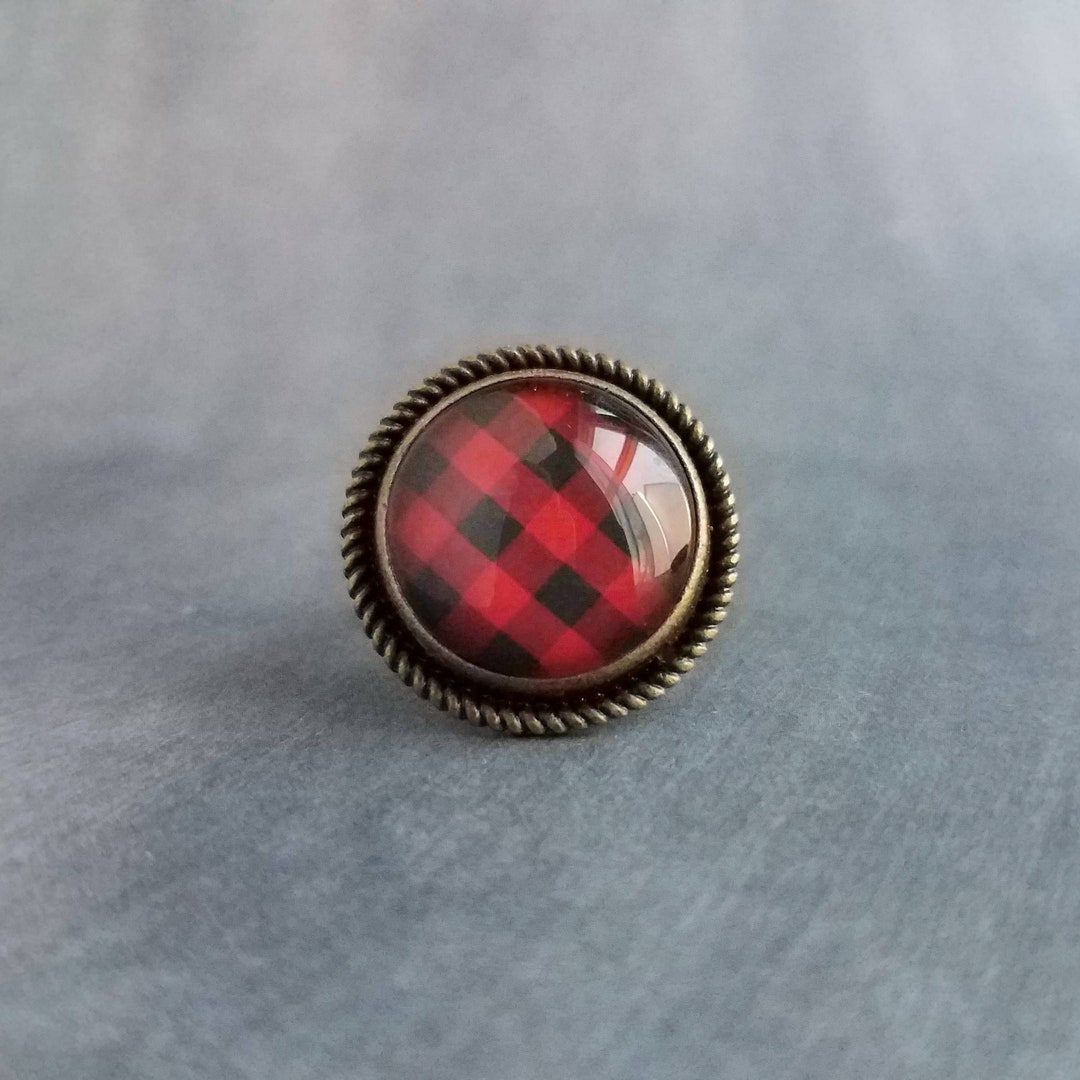 Red Black Plaid Ring, Buffalo Check Jewelry, Winter Ring, Flannel ...