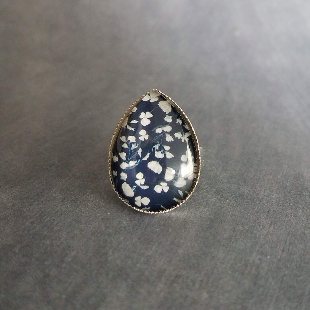 Navy Blue Flower Ring, Blue Floral Print Ring, Blue White Flower Ring ...