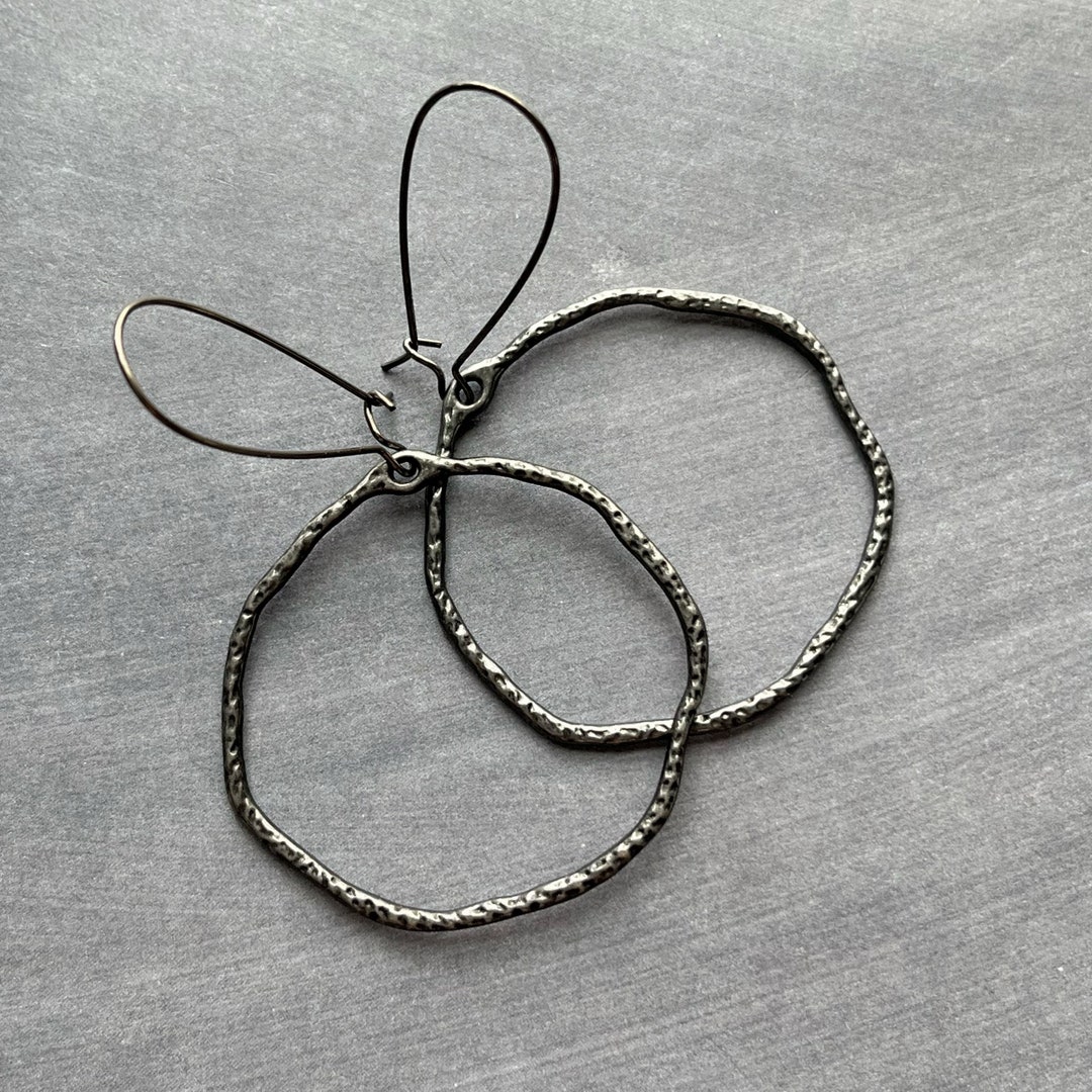 Large Gunmetal Earrings, Latching Kidney Hooks, Gun Metal Circle ...