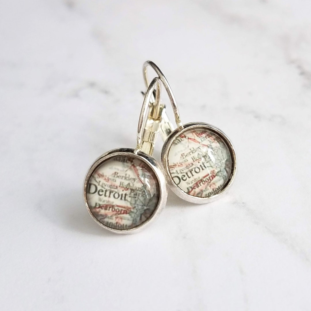 Detroit Jewelry, Silver Lever Back, Metro City Map, Michigan Earrings ...