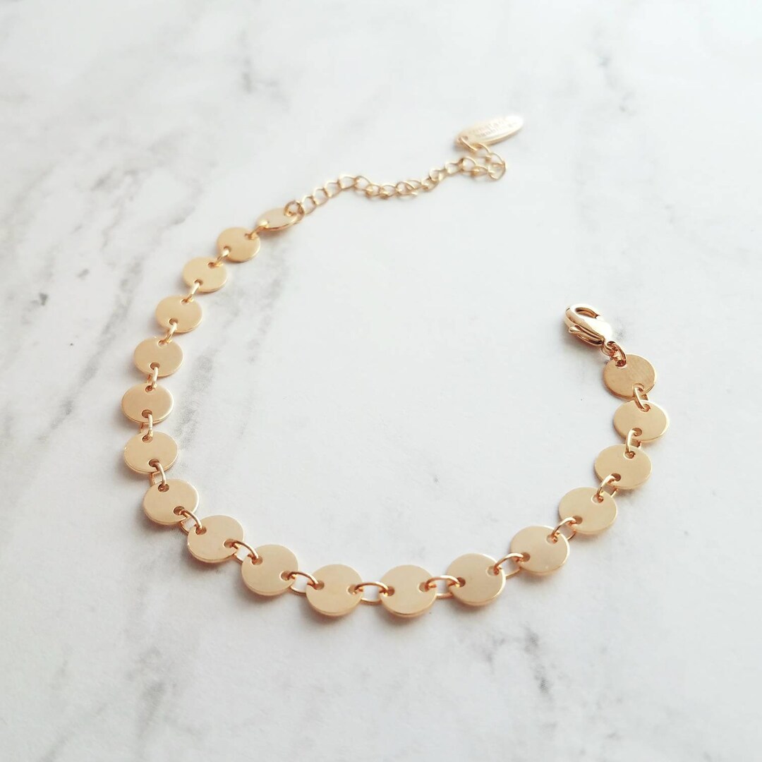 Gold Disk Bracelet, Tiny Gold Coin Bracelet, Round Connected Discs ...