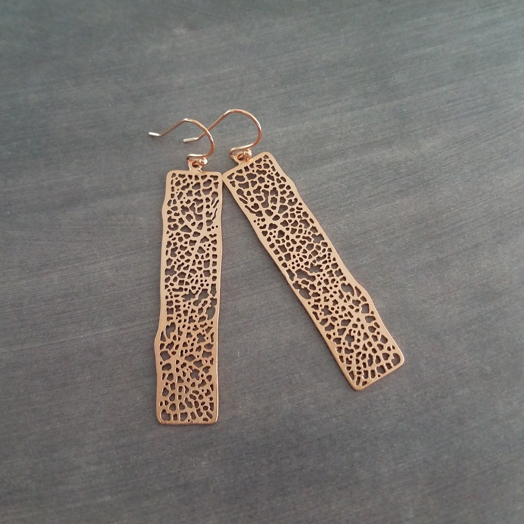 Long Rose Gold Rectangle Earrings, Skeleton Leaf Earring, Organic Shape ...