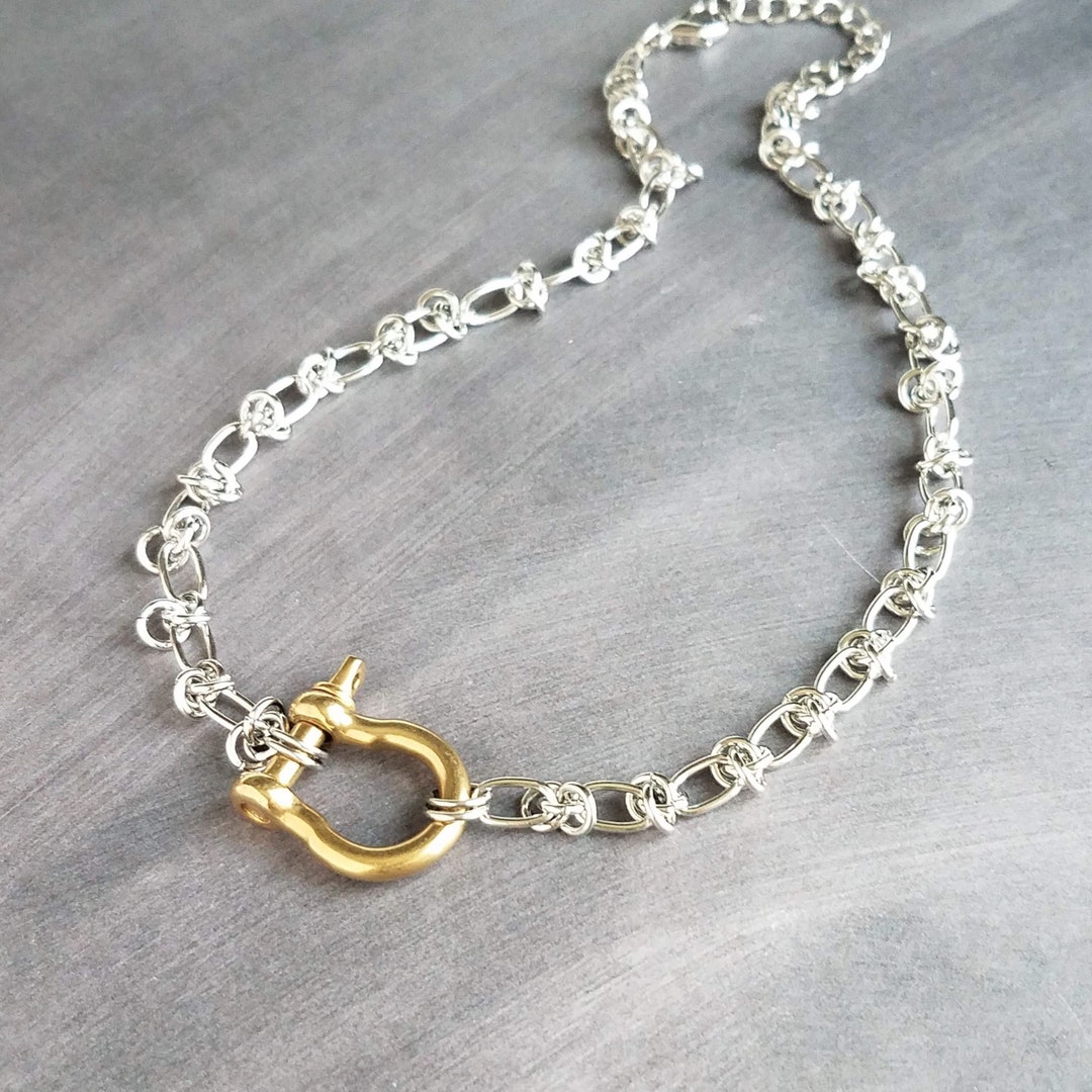 Gold Front Clasp Necklace, Silver Chunky Chain, Mixed Metal Necklace ...