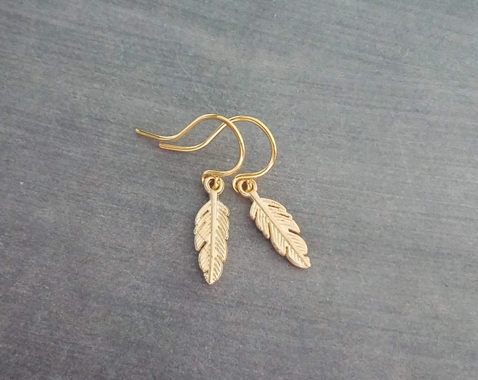 Tiny Gold Feather Earrings, Small Feather Earring, Tiny Feather Earring ...