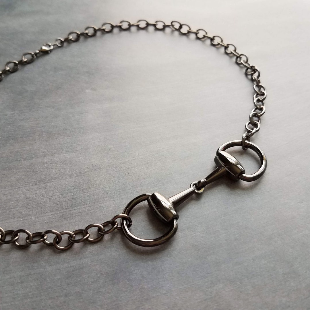 Snaffle Bit Necklace, Chunky Gunmetal Chain, Silver Black Necklace ...