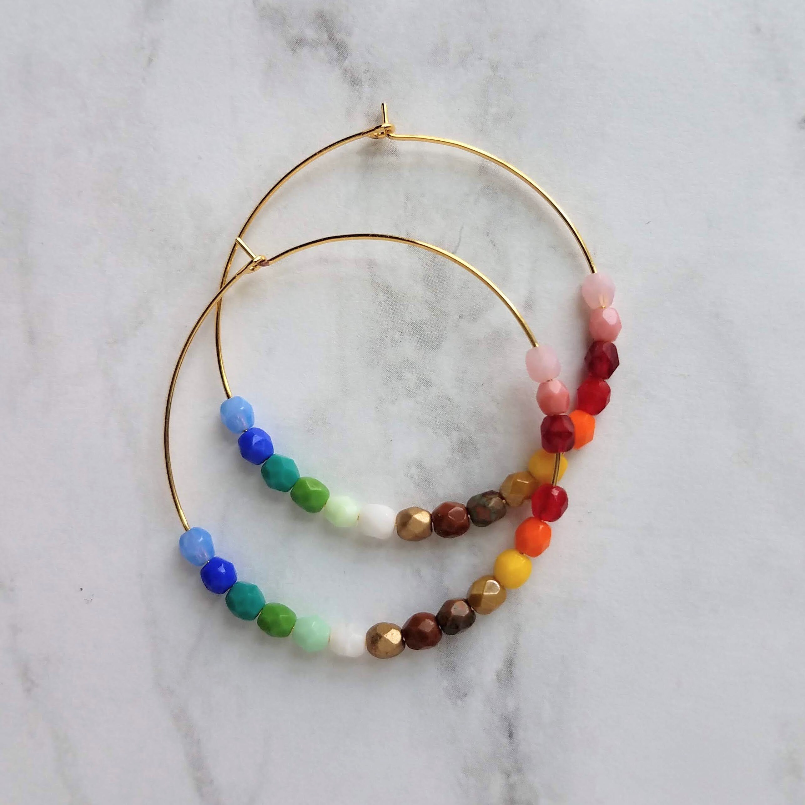 Rainbow Bead Earrings large thin gold hoop summer earrings | Etsy