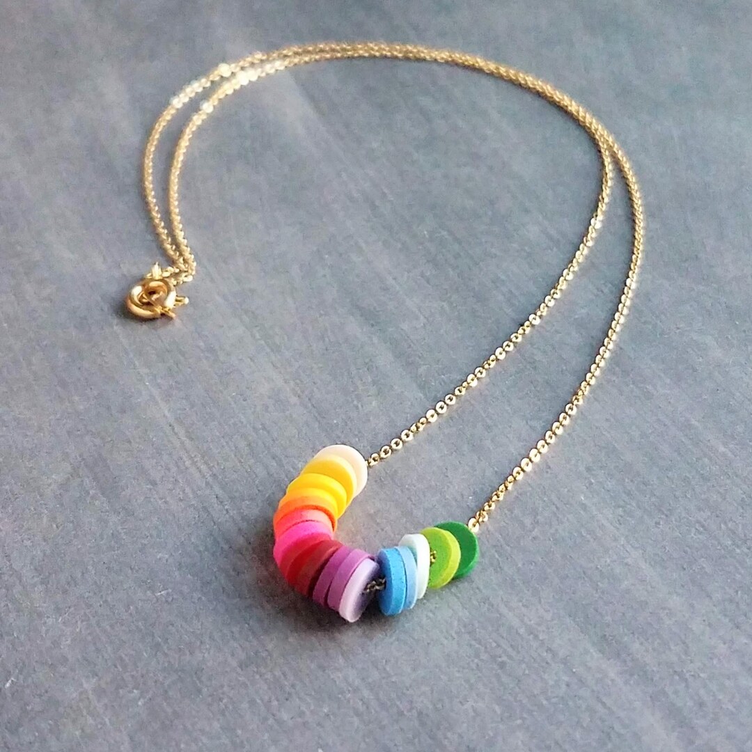 Multicolor Disk Necklace, Colorful Necklace, Delicate Thin Gold Chain ...