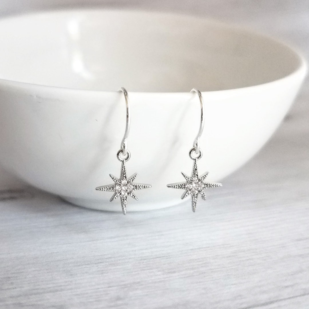 Wishing Star Earrings, North Star Earring, Polaris Earring, Tiny CZ ...
