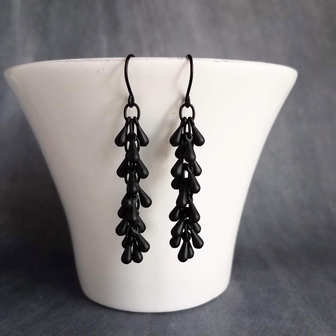 Black Teardrop Earrings, Matte Black Earrings, Cluster Tear Drop ...